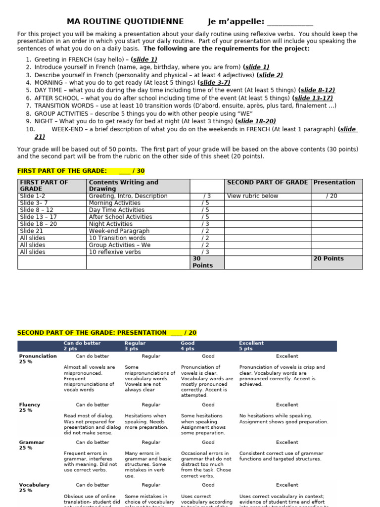 French - La Routine - Project - Rubric - Editable | PDF | Languages ...
