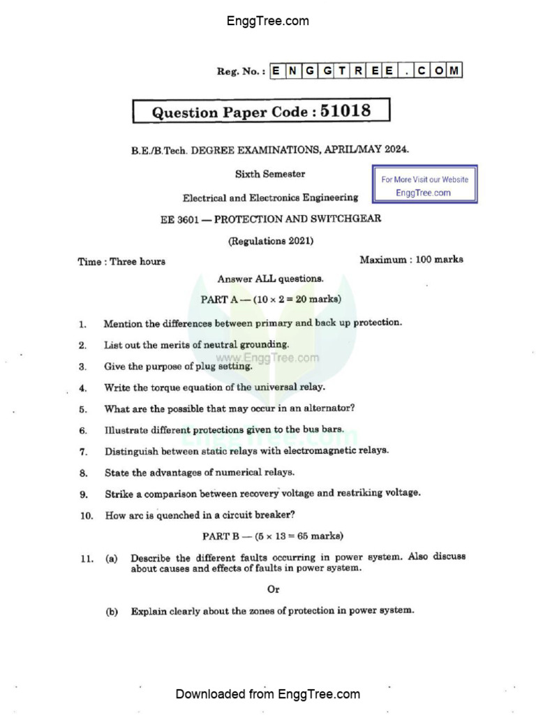 EE3601 Protection and Switchgear Apr May 2024 Question Paper Download | PDF
