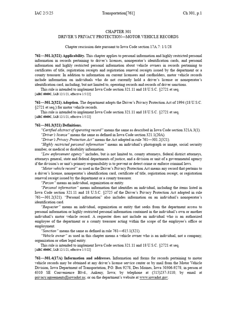 Iowa Driver's Privacy Protection Rules | PDF | Driver's License | Title ...