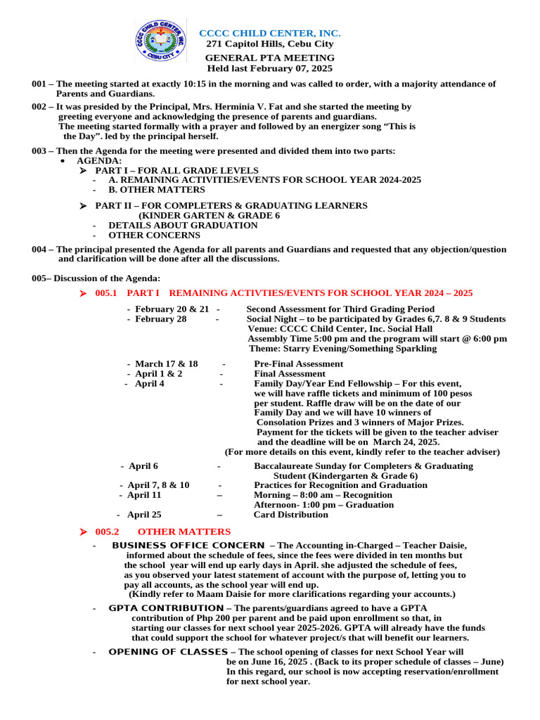 GPTA Minutes of The Meeting Part I 2 | PDF