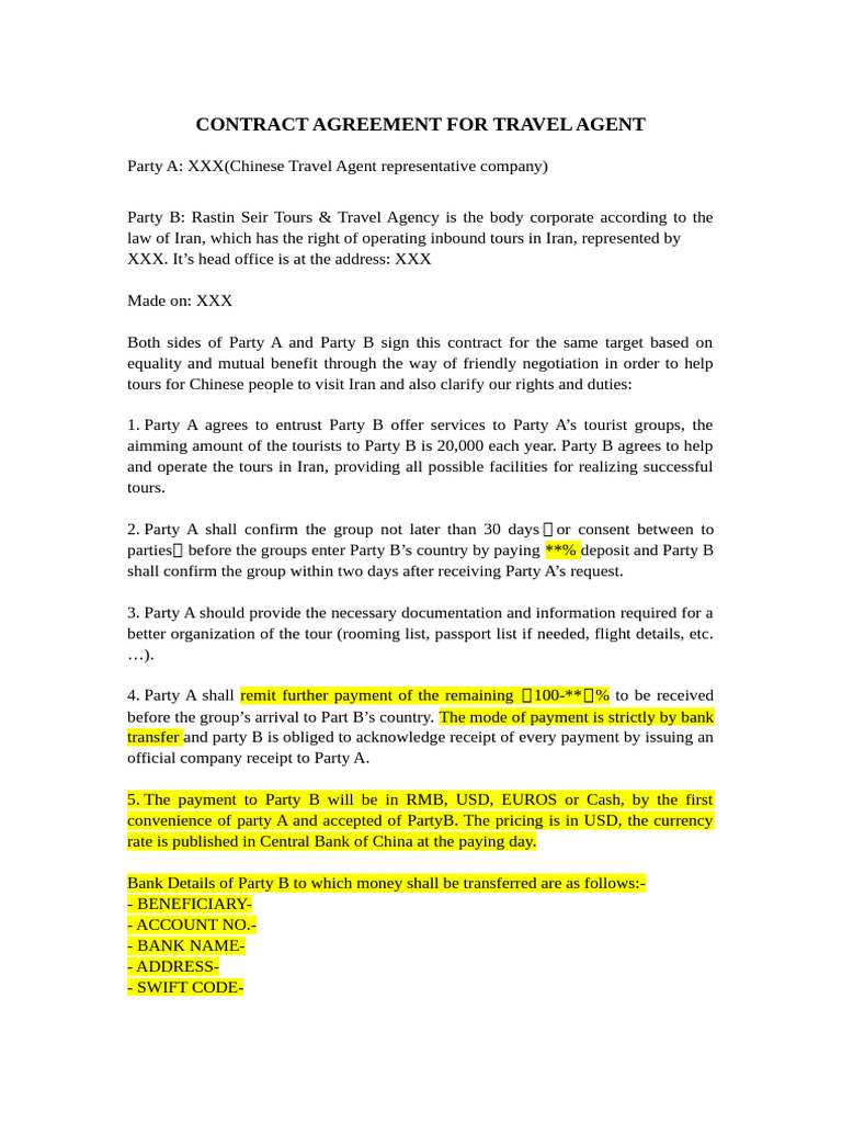 Contract Agreement For Travel Agent | PDF | Receipt | Payments