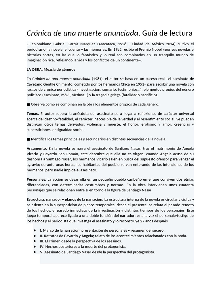 Guía de lectura: Crónica de una muerte anunciada | PDF