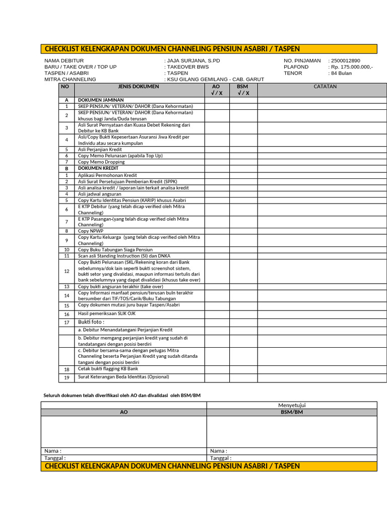 Checklist Kelengkapan Dokumen Channeling Pensiun | PDF