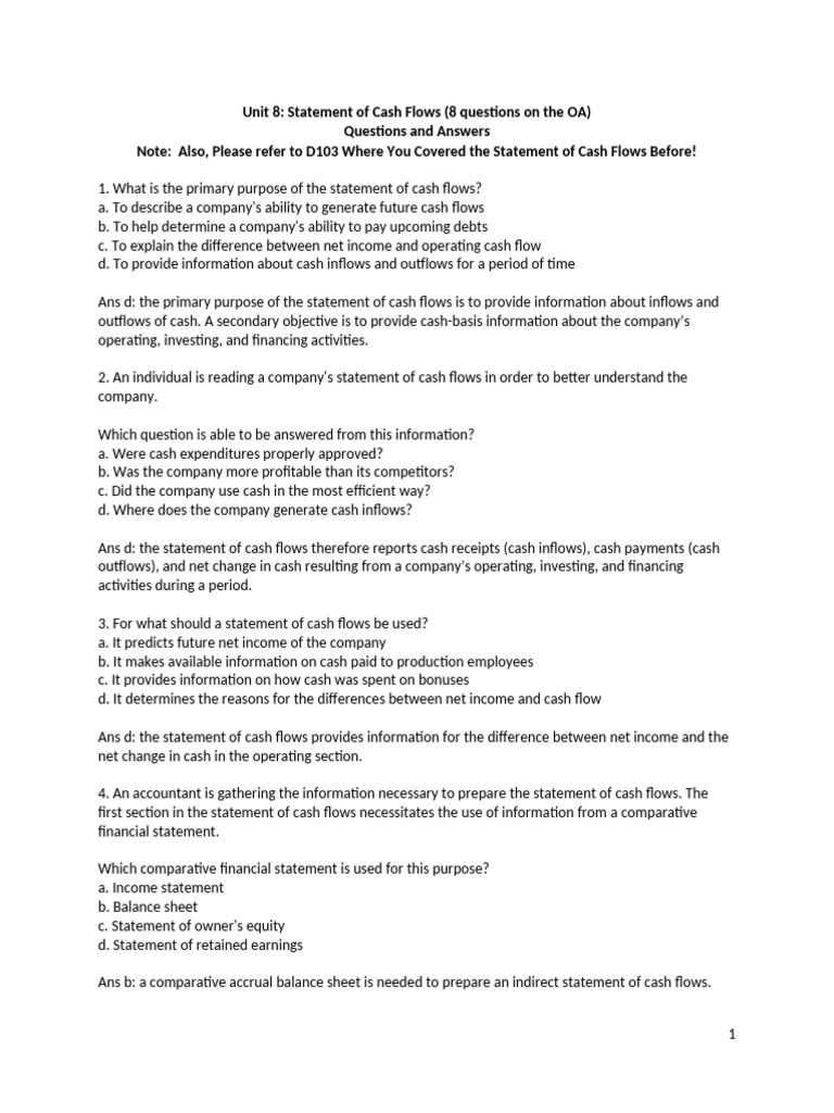 D105-Unit 8 STMT of Cash Flows - Q&A | PDF | Cash Flow Statement | Equity (Finance)