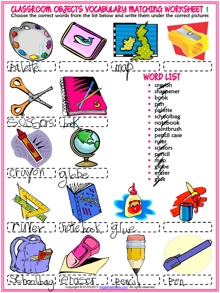 Classroom Objects Vocabulary Esl Matching Exercise Worksheet For Kids ...