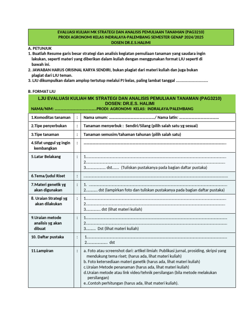 Format Lju Ujian - Evaluasi Kuliah MK Strategi Dan Analisis Pemuliaan Tanaman | PDF