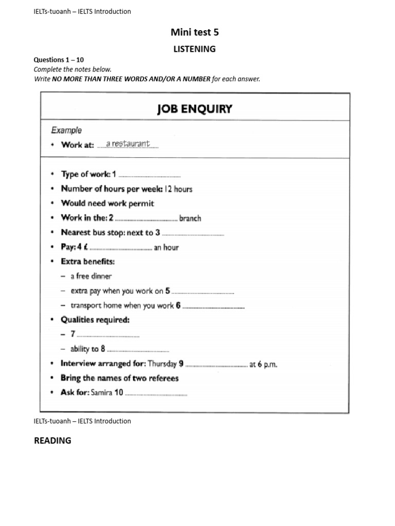 IELTS Listening and Reading Mini Test | PDF