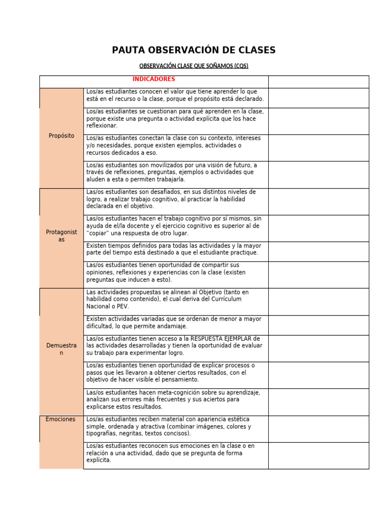 Pauta Observación Clase | PDF | Aprendizaje | Plan de estudios