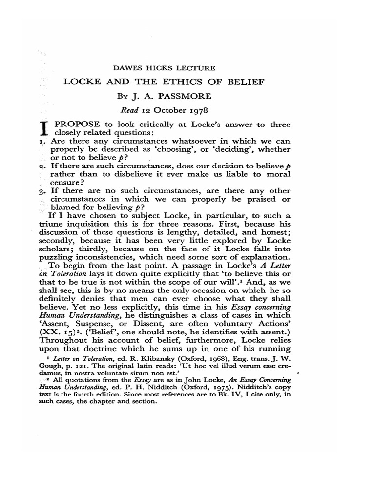 Passmore 1978 Locke and The Ethics of Belief | PDF