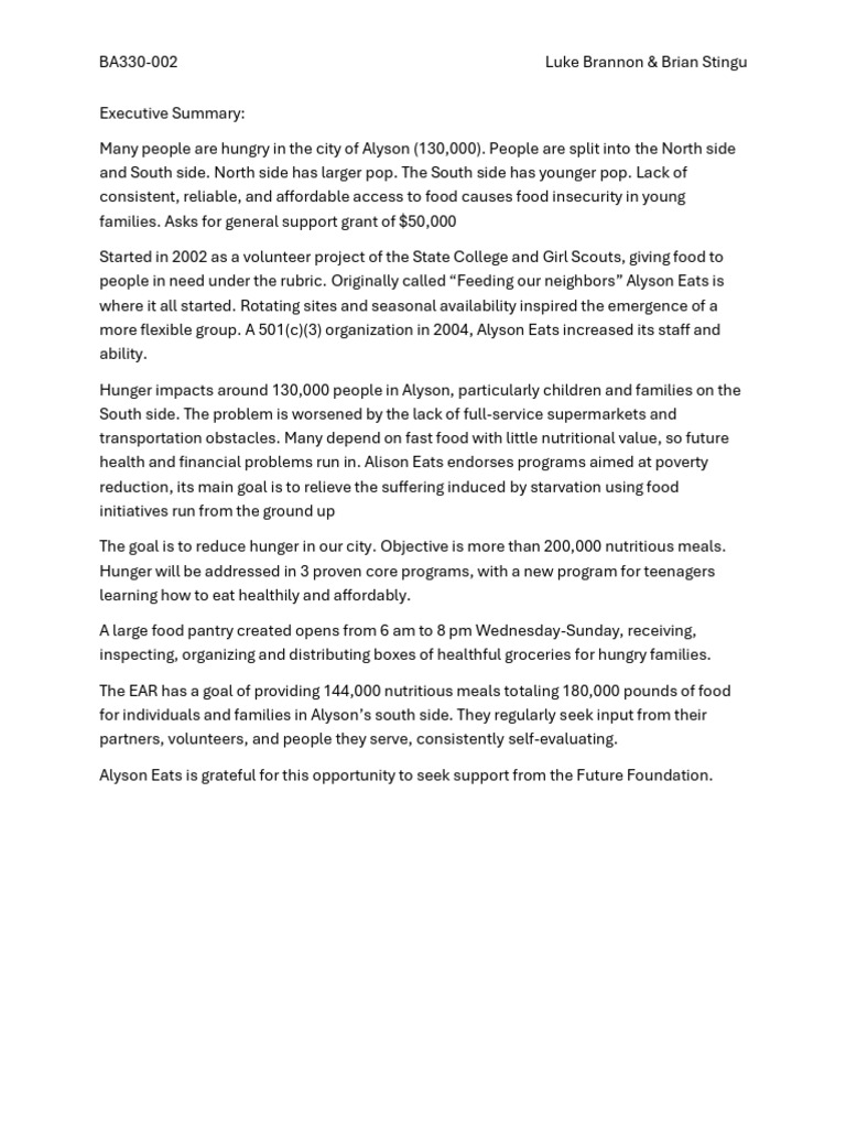 Alyson Eats: Combating Hunger in Alyson | PDF