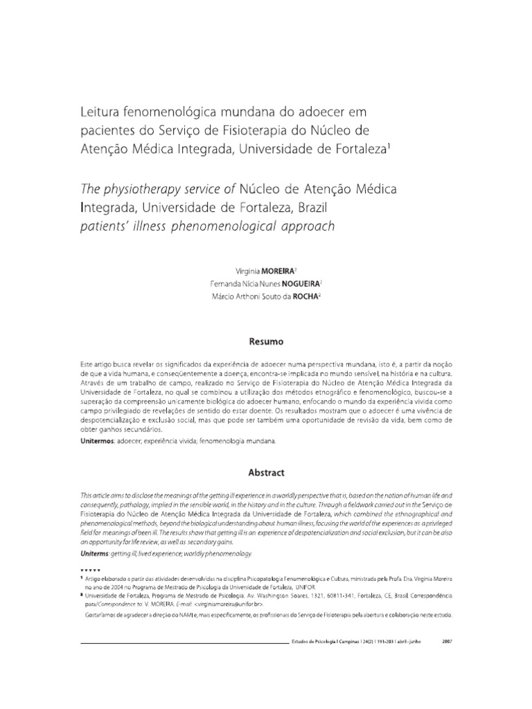 Artigo - Leitura Fenomenológica Mundana Do Adoecer em Pacientes Do ...