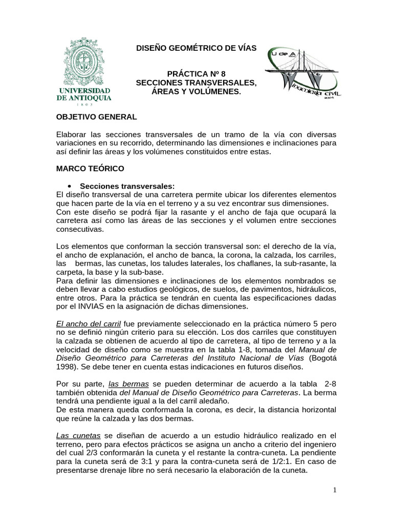 Practica Nº8 Vias, Secciones Transversales | PDF | La carretera | Volumen