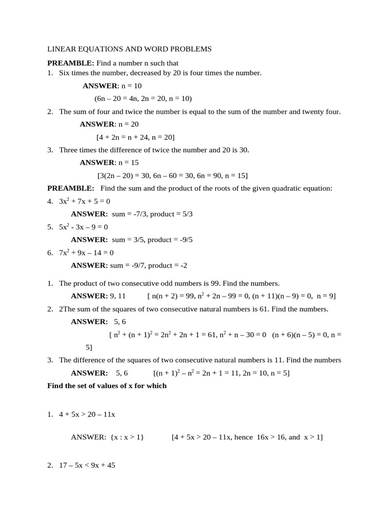 Linear Equation and Word Problems | PDF