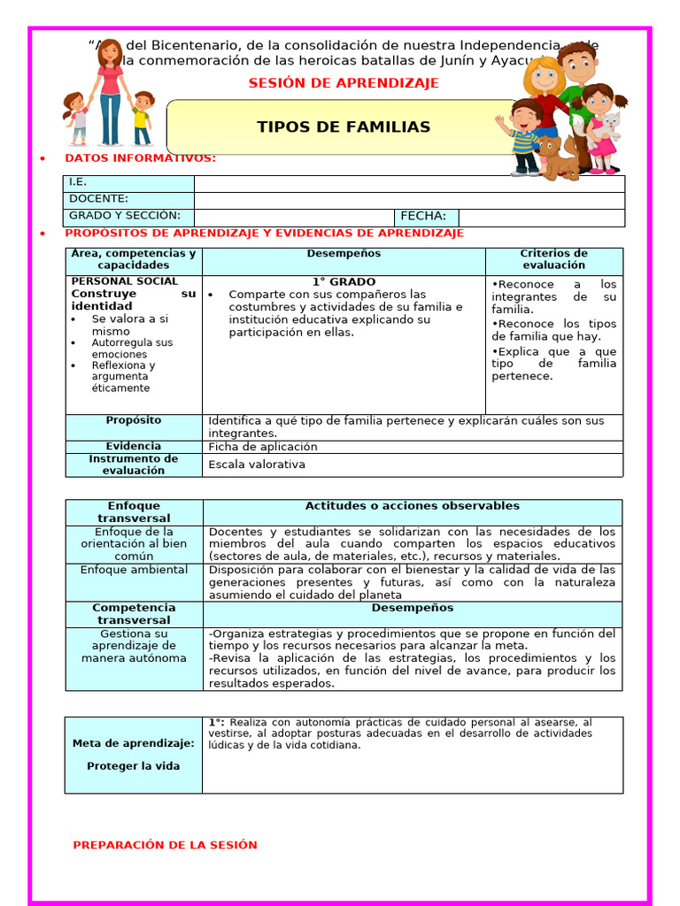 1º U3 S1 Sesion D1 PS Tipos de Familia | PDF | Familia | Evaluación