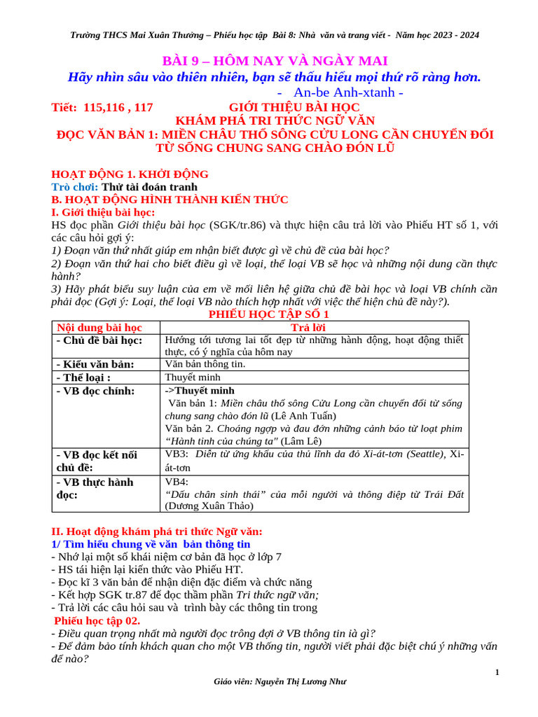 HS - PHT Bài 9 - Hôm Nay Và Ngày Mai | PDF