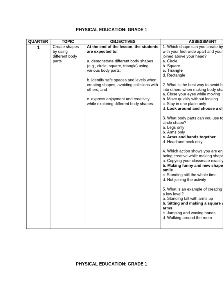 Physical Education - Grade 1 | PDF | Shape | Physical Education