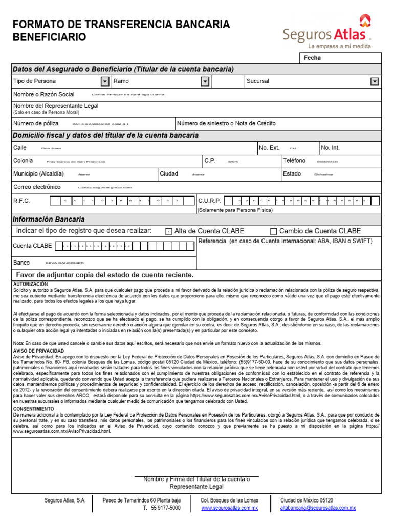 Transferencia Bancaria Beneficiario | PDF | Transferencia bancaria | Póliza de seguros