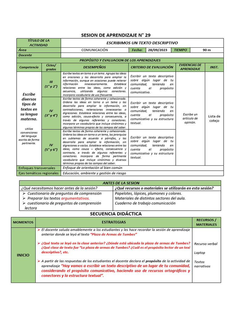 Sesión de Aprendizaje #29 - Escribimos Un Texto Descriptivo | PDF | Maestros | Cognición