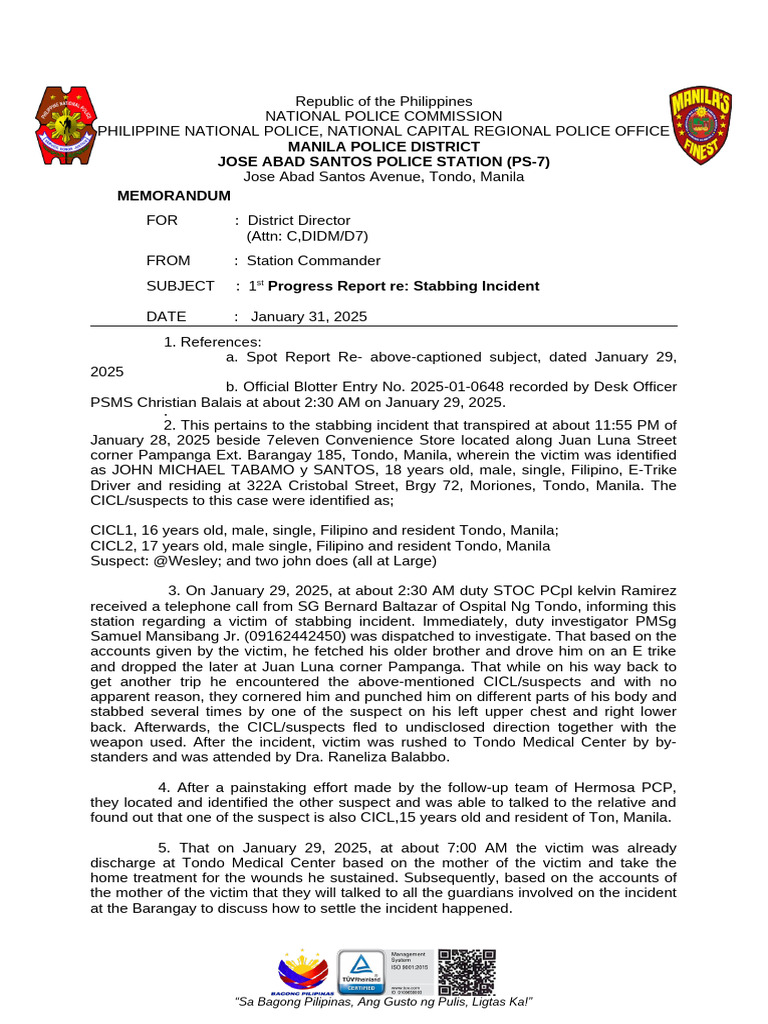 1st Progress Report re Stabbing CICL Updated | PDF | Manila | Philippines