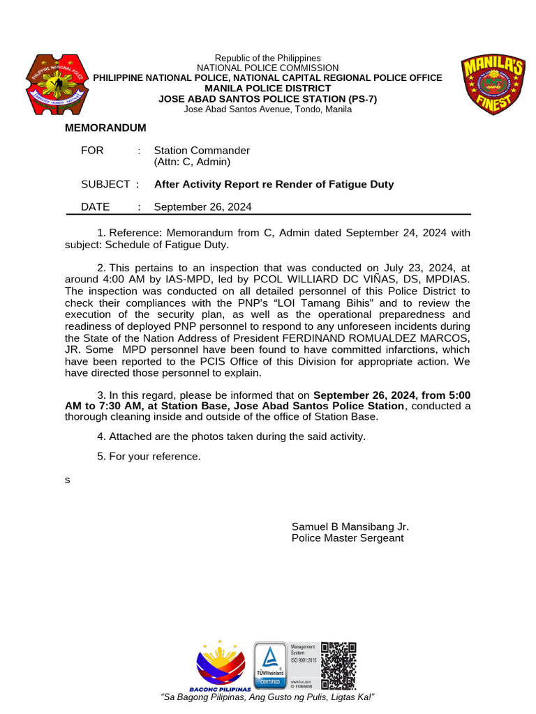 AAR Re Fatigue Duty (PMSG Mansibang) | PDF