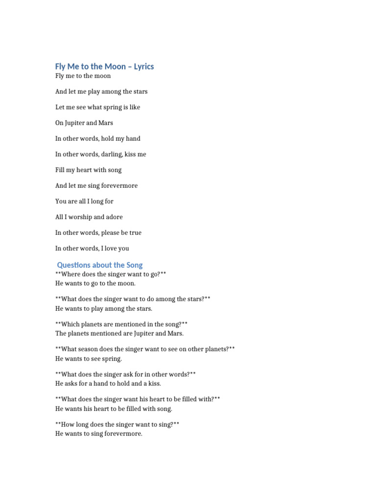 Fly Me to the Moon Lyrics Analysis | PDF