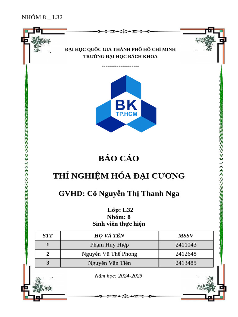 Báo cáo thí nghiệm hóa đại cương hcmut | PDF