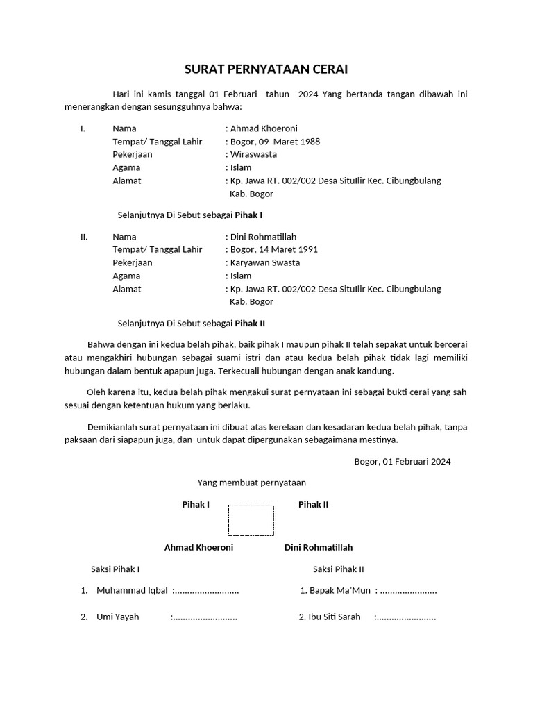 SURAT PERNYATAAN CERAI | PDF