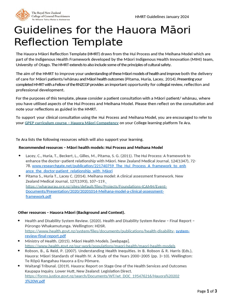 Guidelines For Hauora Maori Reflection Template 2024 (Final) | PDF ...