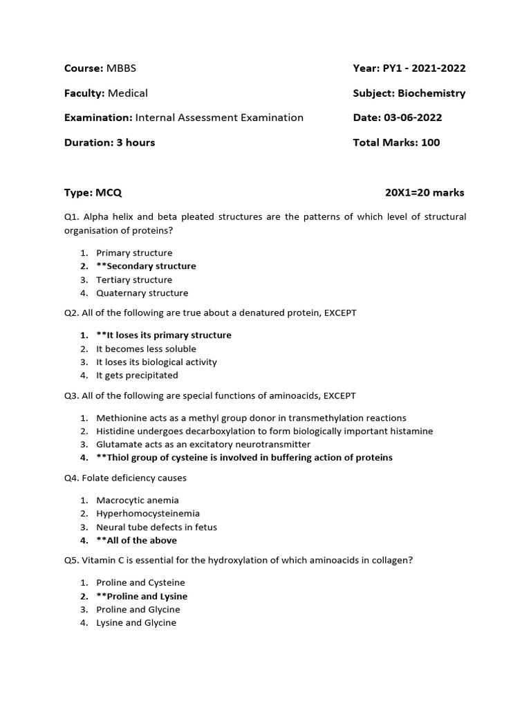 1st IA QP MBBS PY1, 2021-22 Batch | PDF | Glycolysis | Active Site