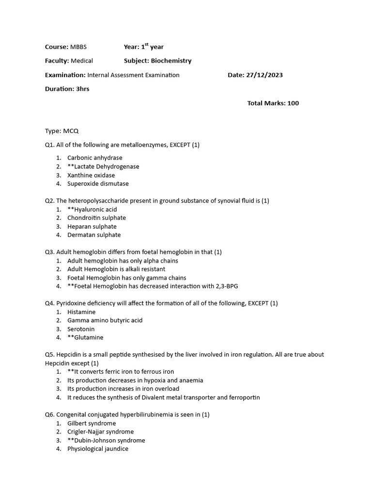 MBBS 1st Year Biochemistry Exam Paper | PDF | Biochemistry | Chemistry