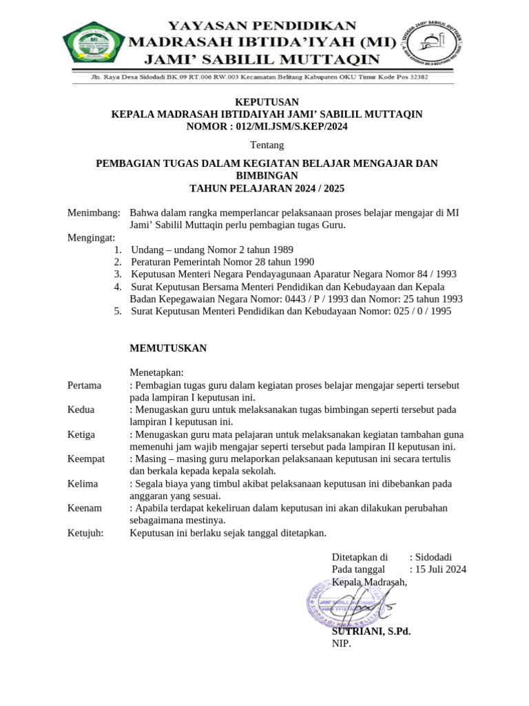 Contoh SK Mengajar Guru Tiap Semester 1 | PDF