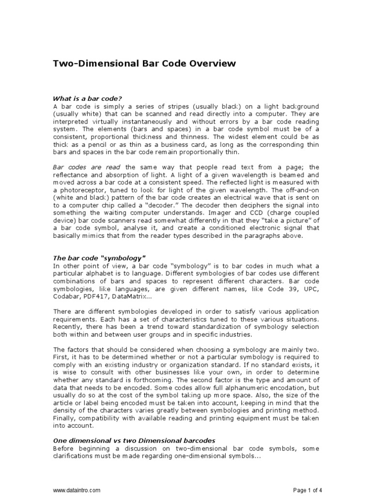 Two-Dimensional Bar Code Overview | PDF | Barcode | Qr Code