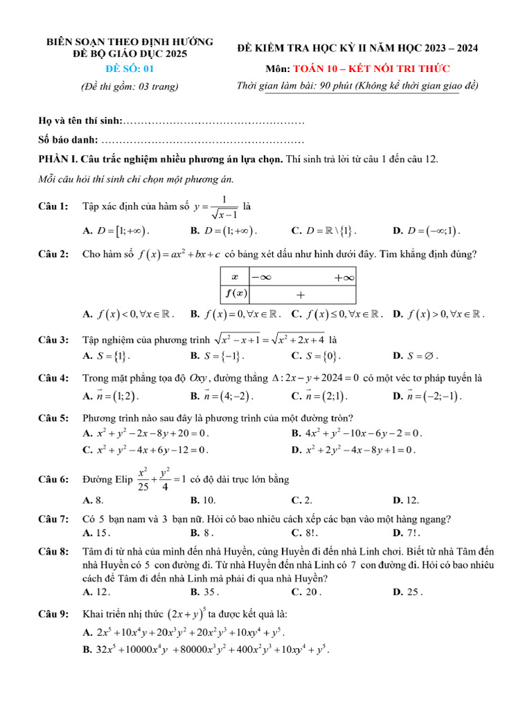 ĐỀ 1 - ÔN TẬP CUỐI HK2 - TOÁN 10 - KNTT (Soạn theo minh hoạ BGD 2025)._pdf.urlgd.com | PDF