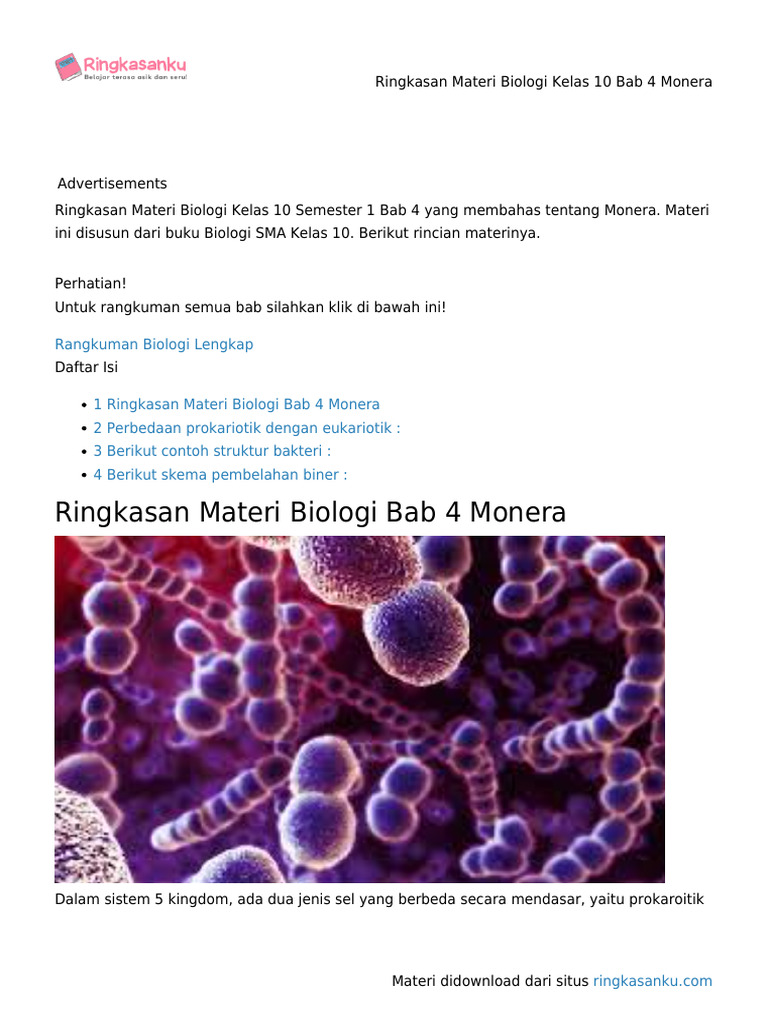 Ringkasan Materi Biologi Kelas 10 Bab 4 Monera | PDF