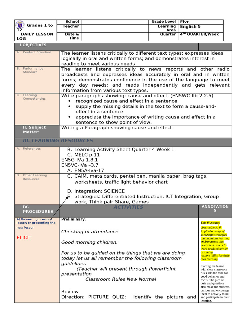 NEW Cot English 5 4th QTR (Cause N Effect) | PDF | Learning | Cognition