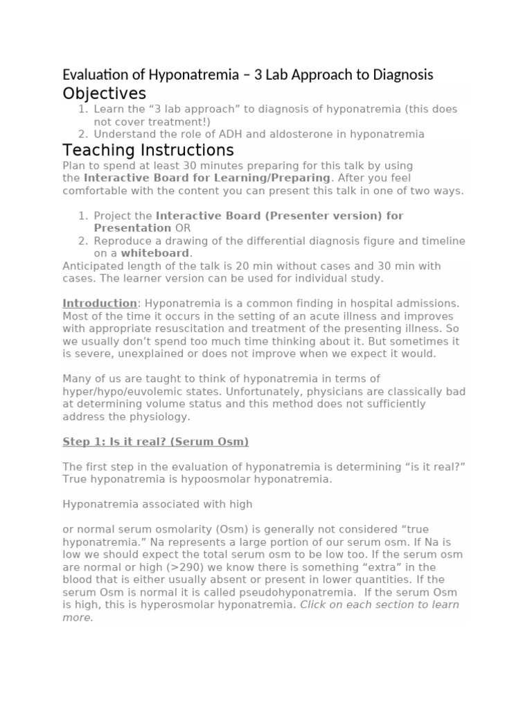 Evaluating Hyponatremia: 3 Lab Steps | PDF | Blood Plasma | Medical ...