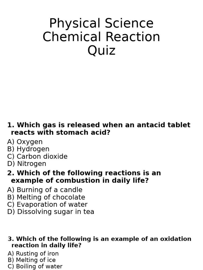 Physical Science Chemical Reaction Quiz | PDF
