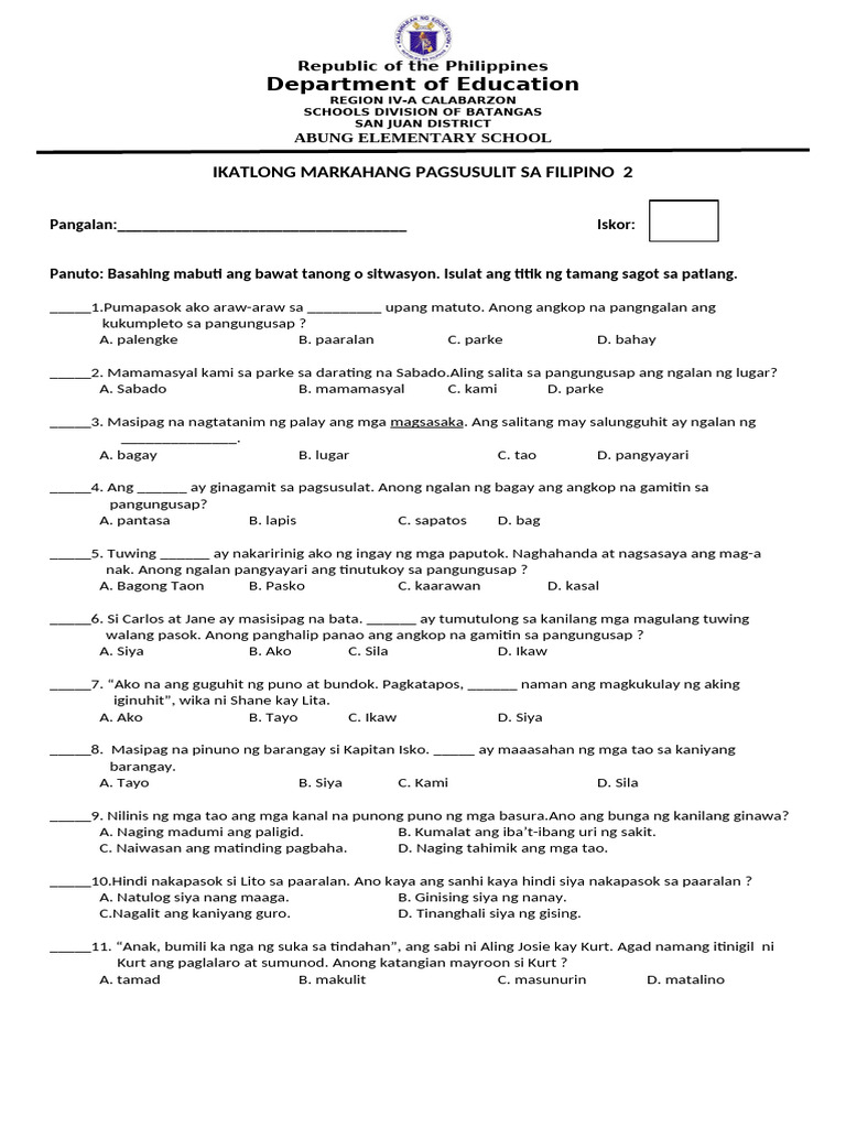 Filipino 3RD Quarter Exam | PDF