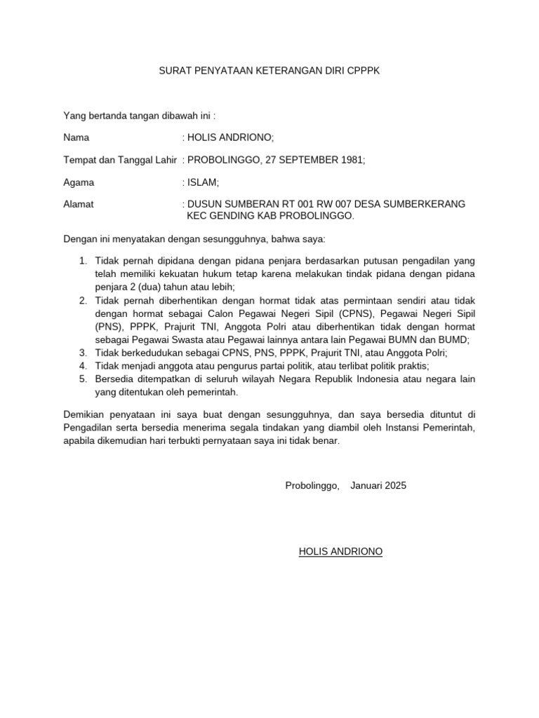 Surat Pernyataan Keterangan Diri CPPPK | PDF
