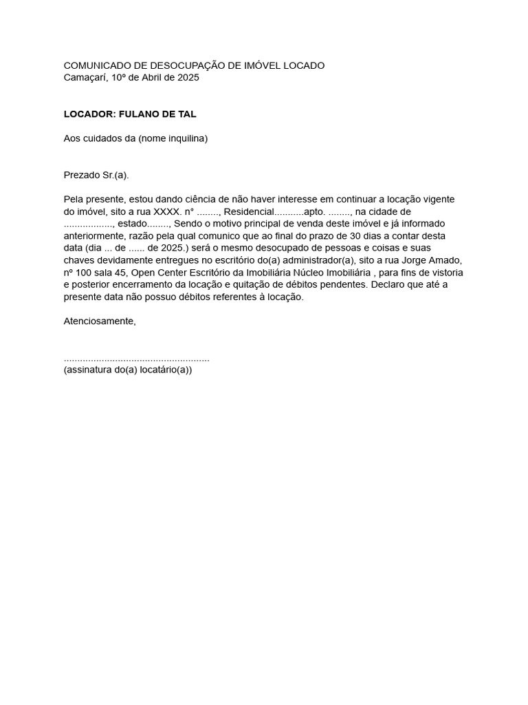 Comunicado de Desocupação de Imóvel | PDF