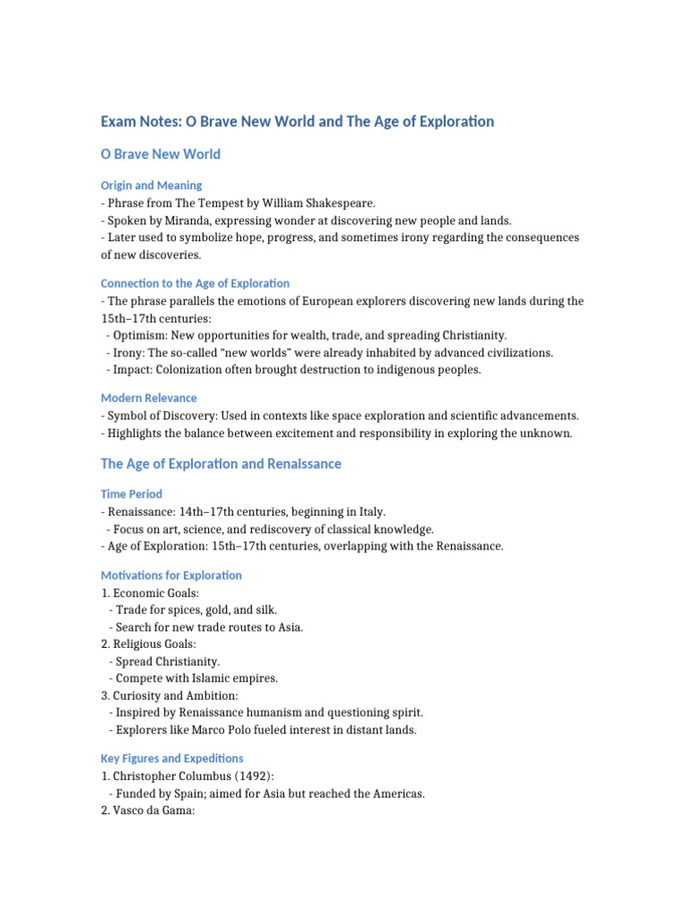 O_Brave_New_World_and_Exploration_Notes | PDF | Age Of Discovery | New ...