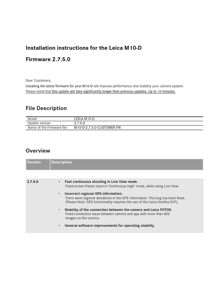 Install Instructions M10-D FW 2.7.5.0 en | PDF