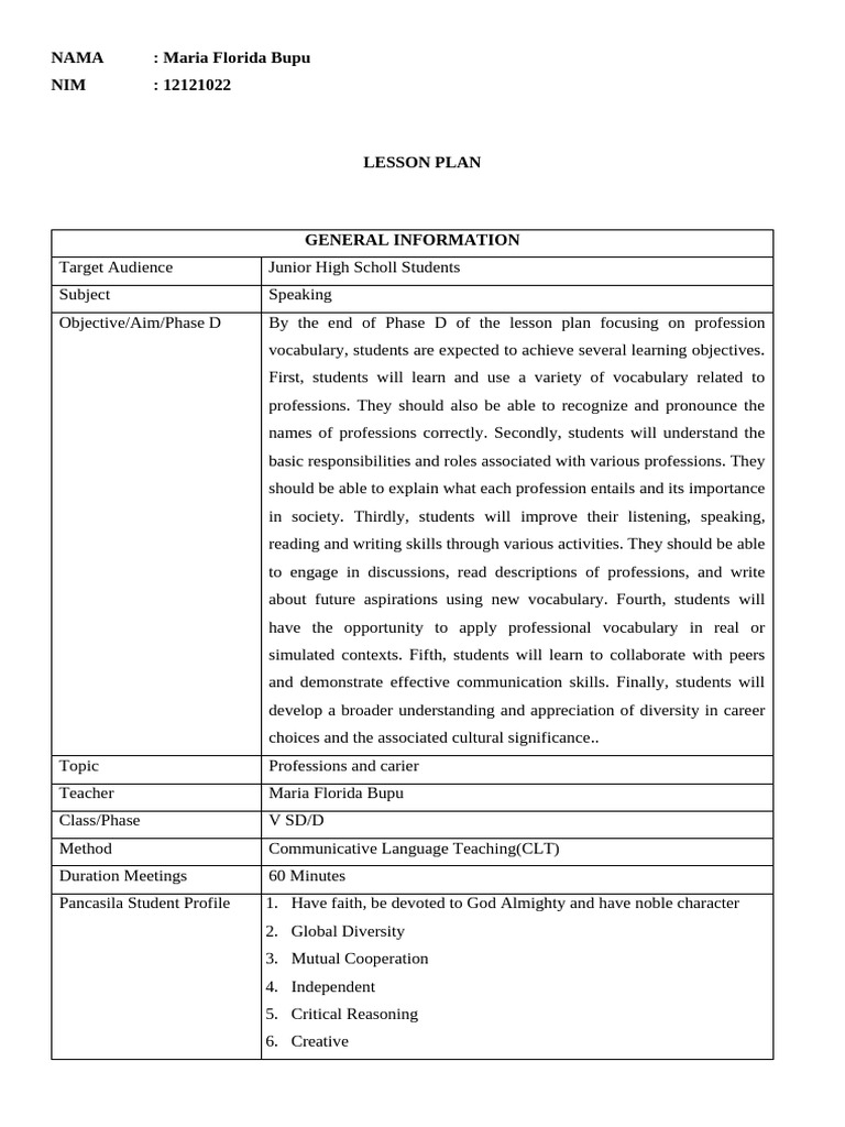 Lesson Plan Maria Florida Bupu | PDF | Vocabulary | Lesson Plan