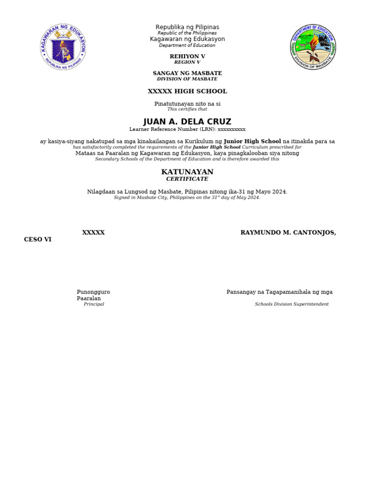 Completion JHS Template 1 | PDF