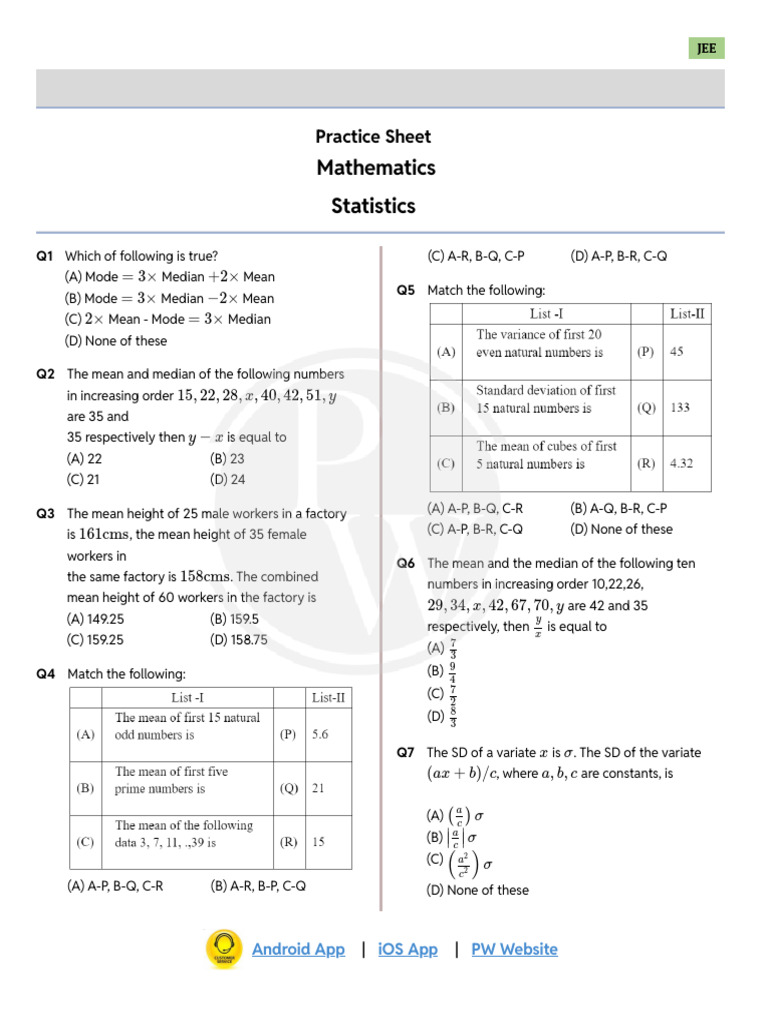 Statistics - Practice Sheet | PDF | Statistical Theory