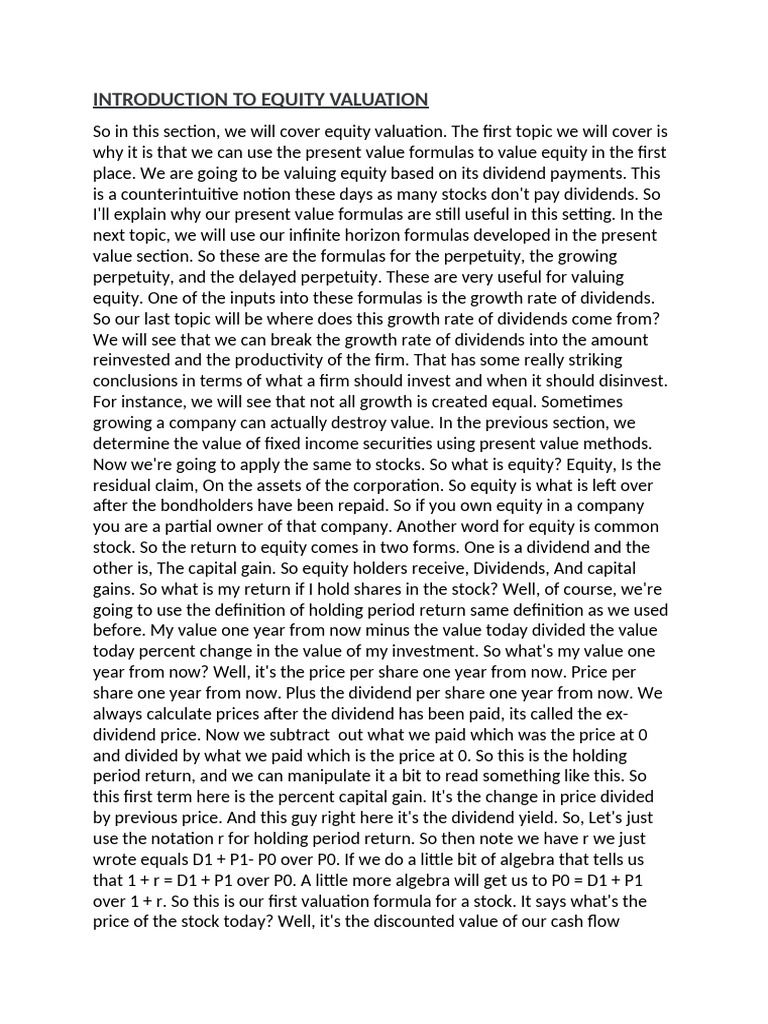 Equity Valuation Basics and Models | PDF | Dividend | Equity (Finance)