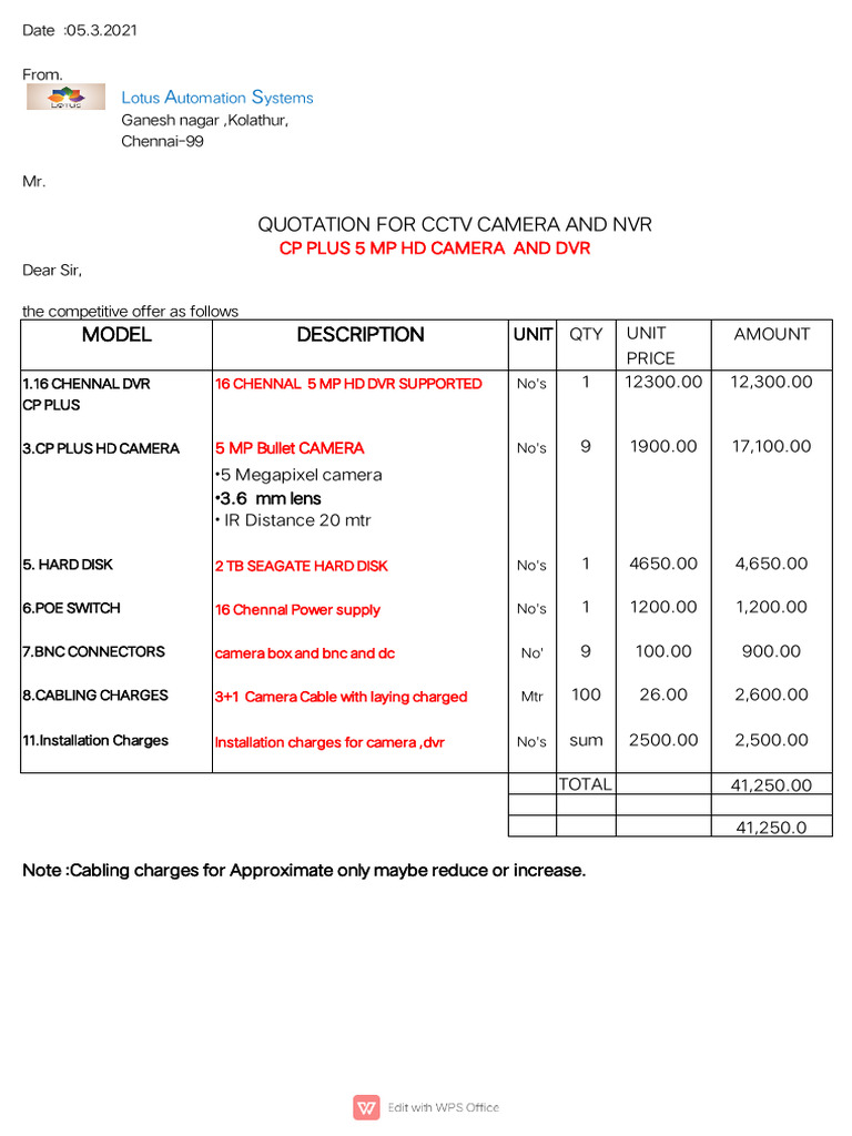 CCTV Installation Quotation - CP Plus | PDF