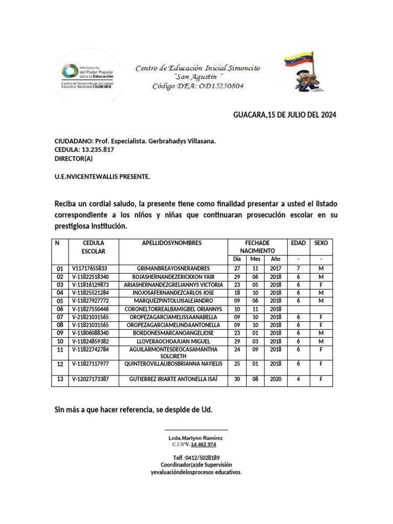Zonificacion U.E Vicente Wallis Circuito 05 Ceis San Agustin 2023 2024 Completo | PDF
