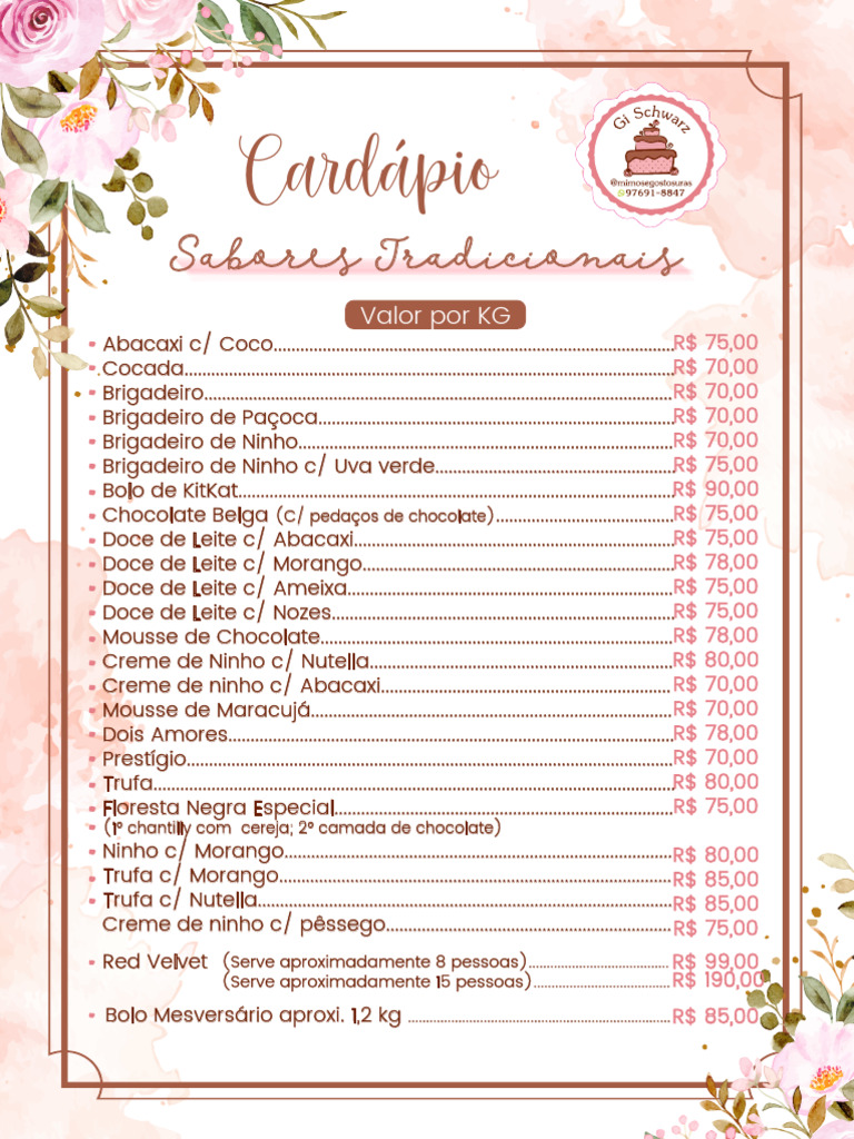 Cardápio de Doces e Bolos Gourmet | PDF | Sobremesas | Alimentos