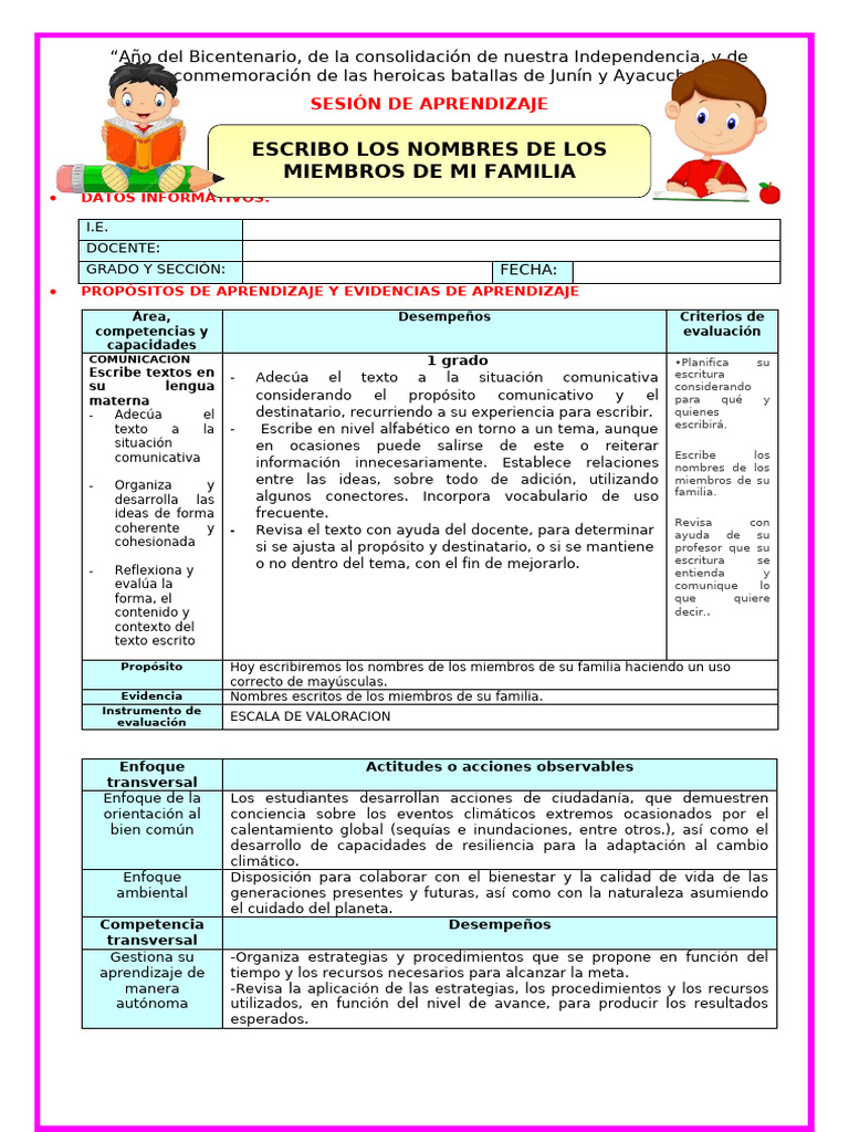 1º U3 S1 Sesion D1 Com Escribo Los Nombres de Los Miembros de Mi Familia | PDF | Aprendizaje ...